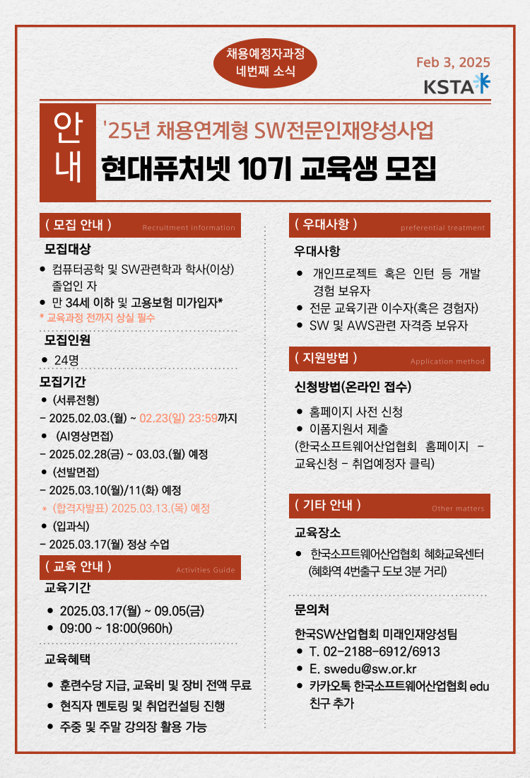한국소프트웨어산업협회 현대퓨처넷 10기 채용연계형 Msa 기반 Full Stack 개발 전문가 양성과정 2차 공모전 대외